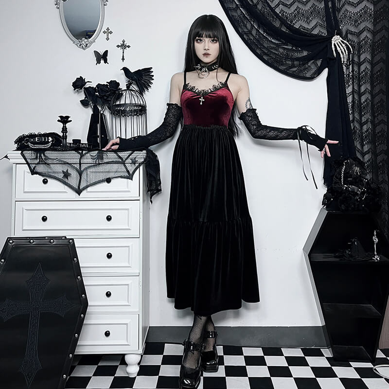 Gothic Two-tone Lace Velvet Slip Dress – Grave Digs - A Dark and Gothic ...